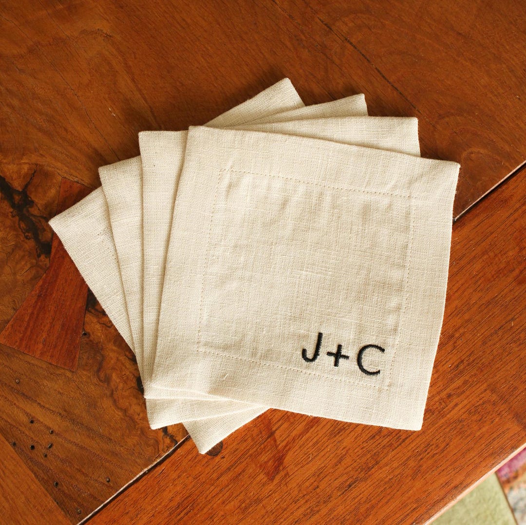 Handmade Linen Cocktail Napkins, Monogrammed Embroidered - Set of 4 - Etsy