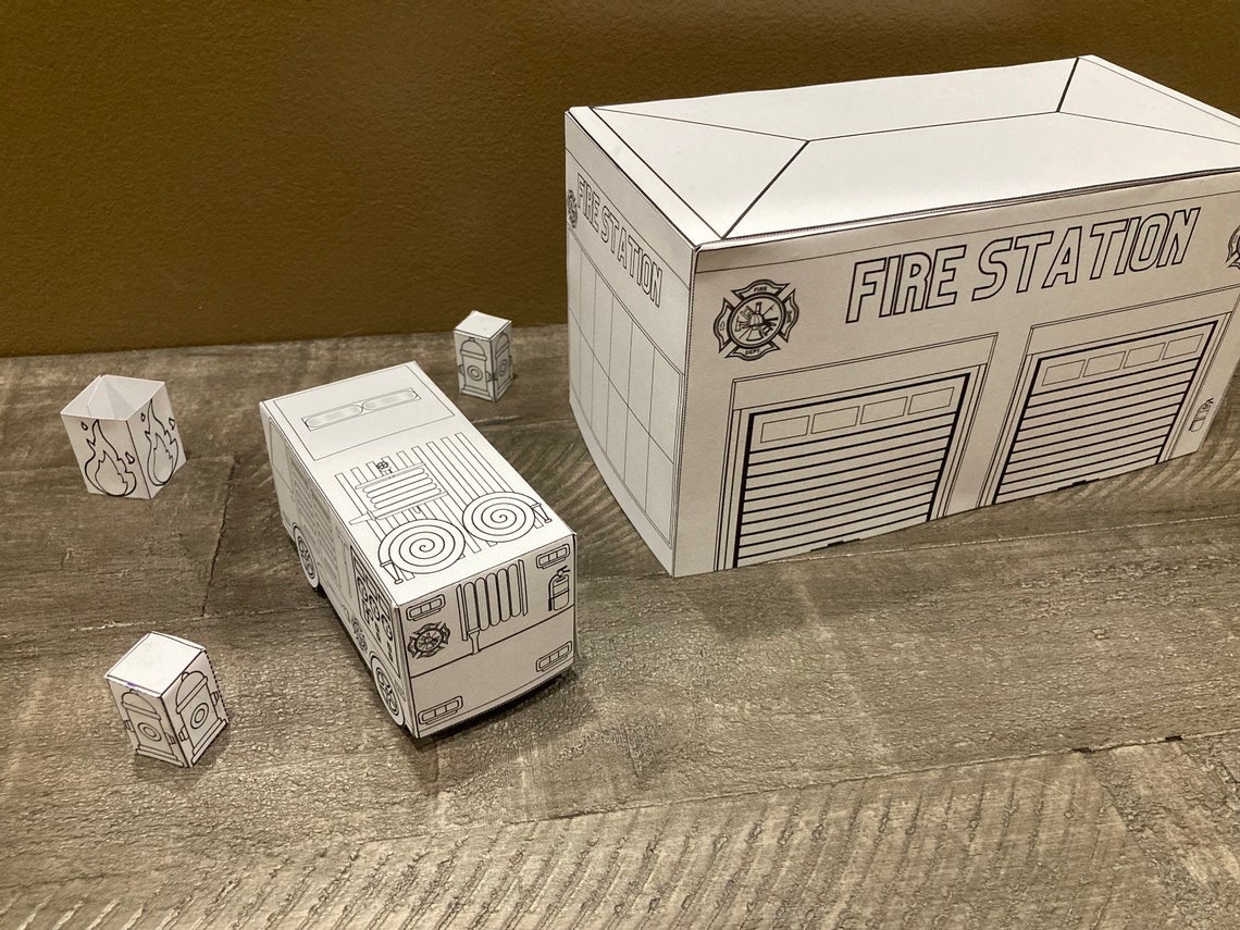 Printable, Colorable, Paper Fire Station: large With Fire Truck Black ...