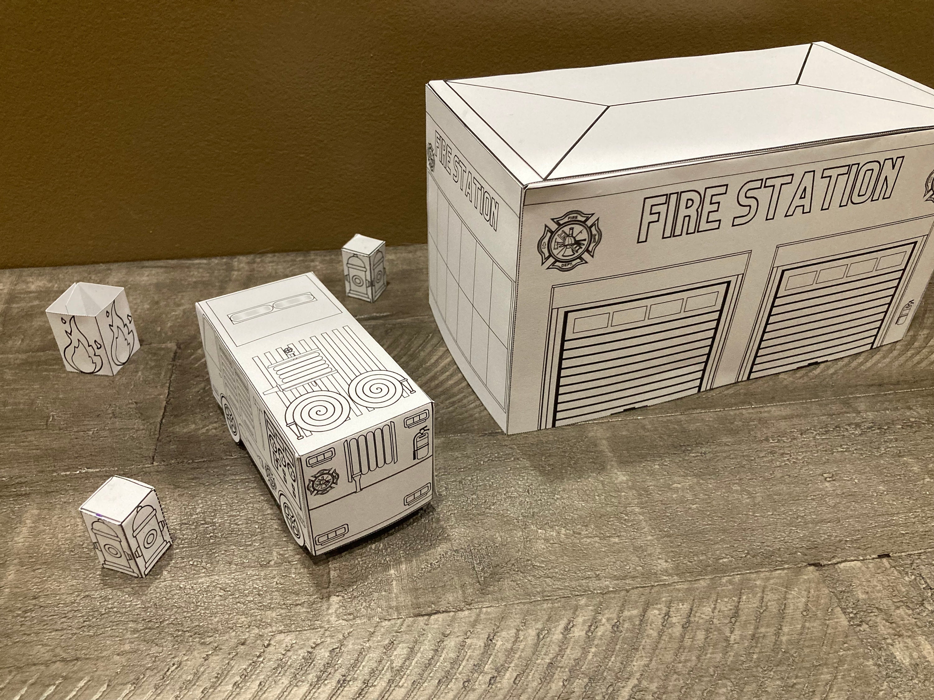 Printable, Colorable, Paper Fire Station: large With Fire Truck Black ...