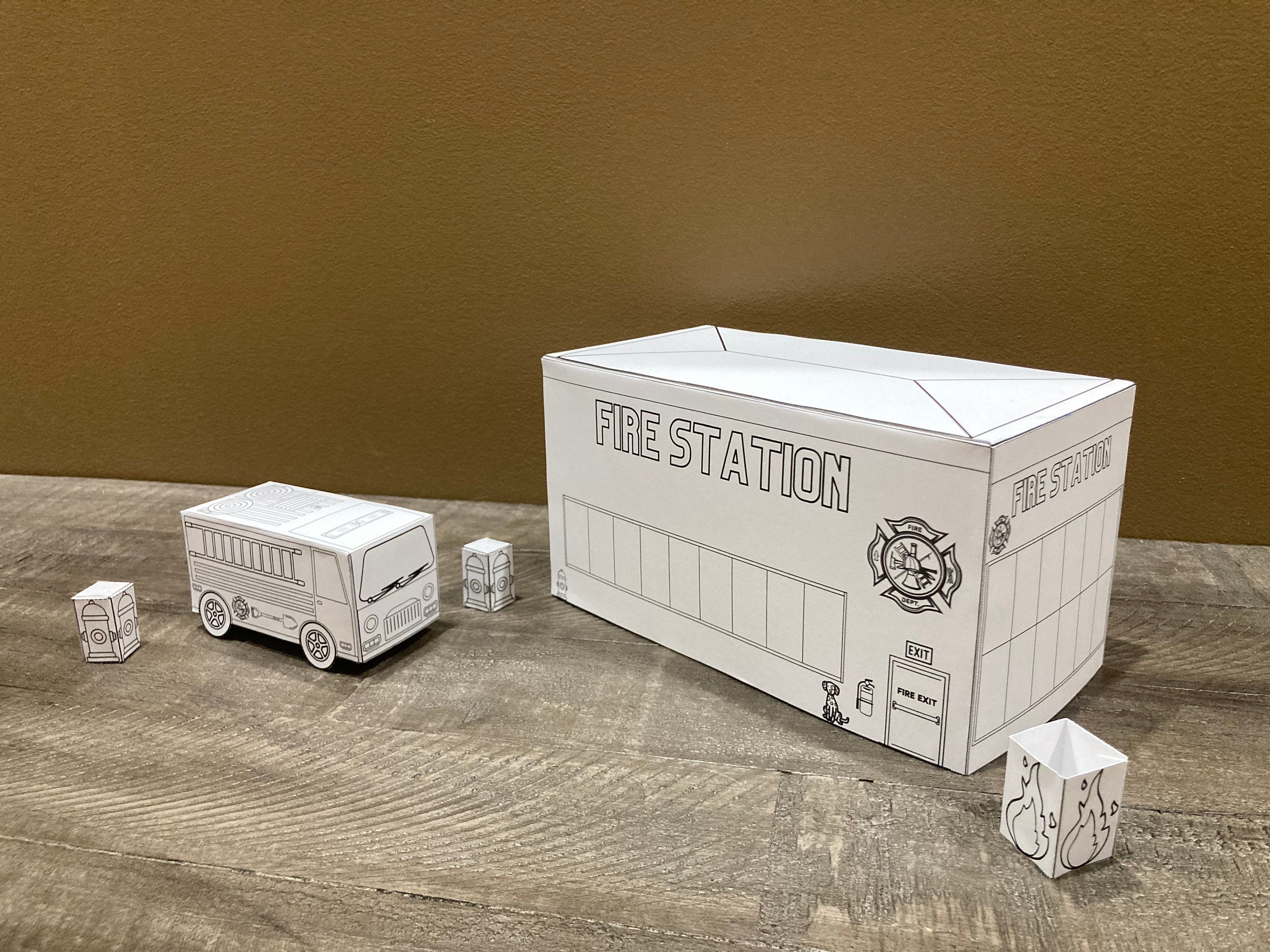 Printable, Colorable, Paper Fire Station: large With Fire Truck Black ...