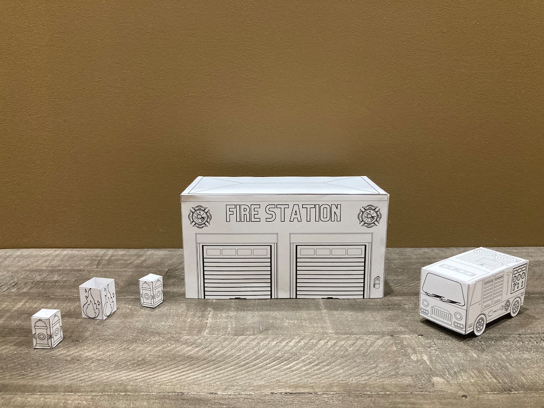 Printable, Colorable, Paper Fire Station: large With Fire Truck Black ...