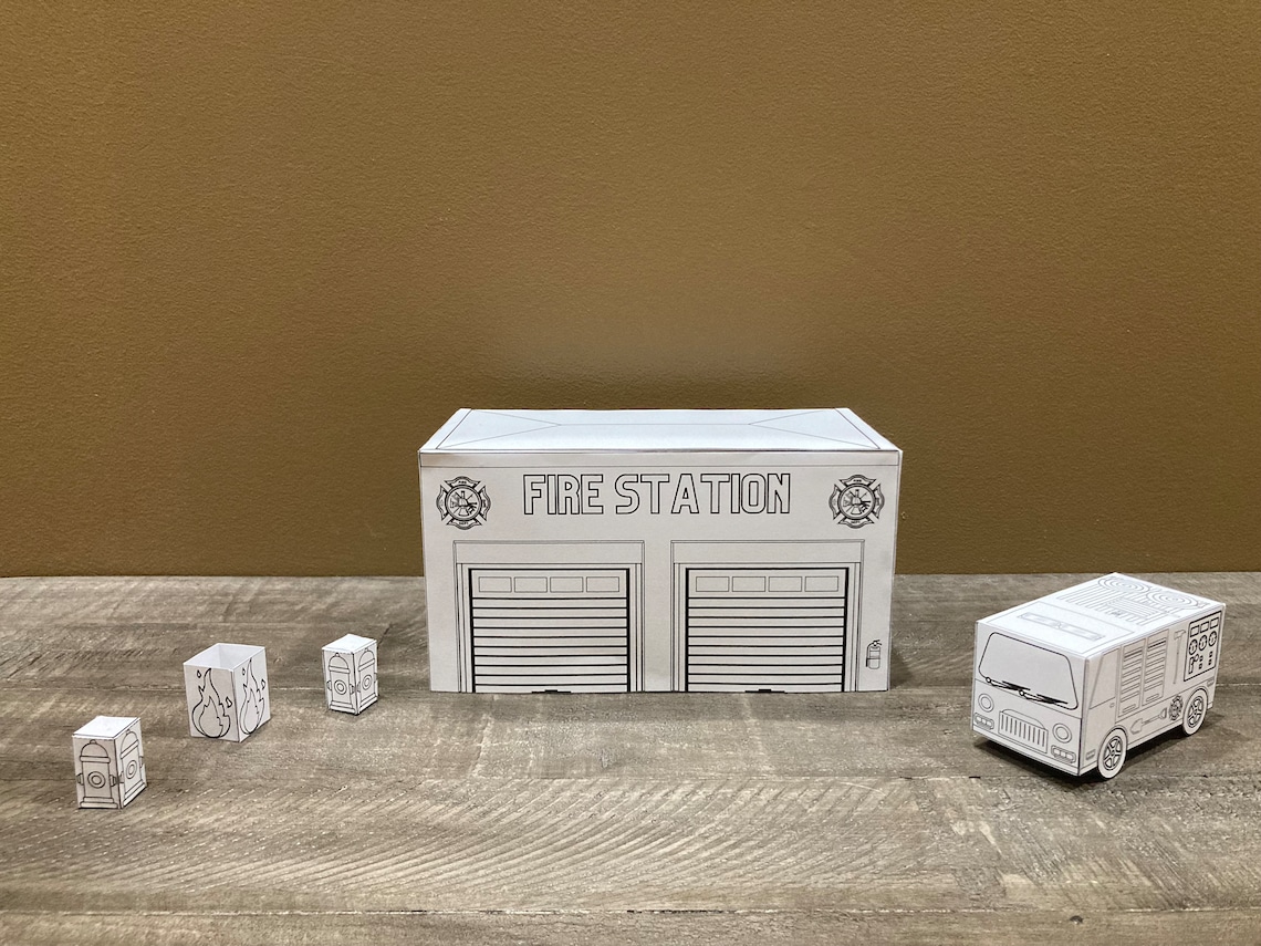 Printable, Colorable, Paper Fire Station: large With Fire Truck Black ...