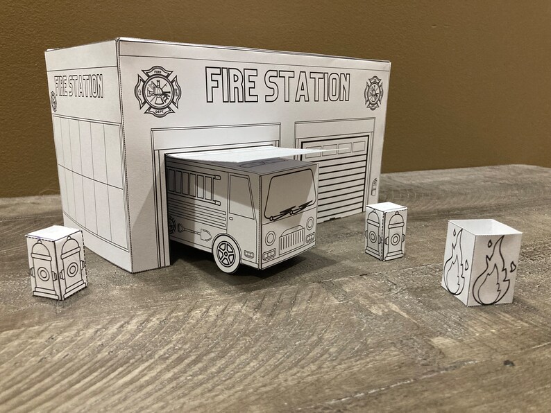 Printable, Colorable, Paper Fire Station: large With Fire Truck Black ...