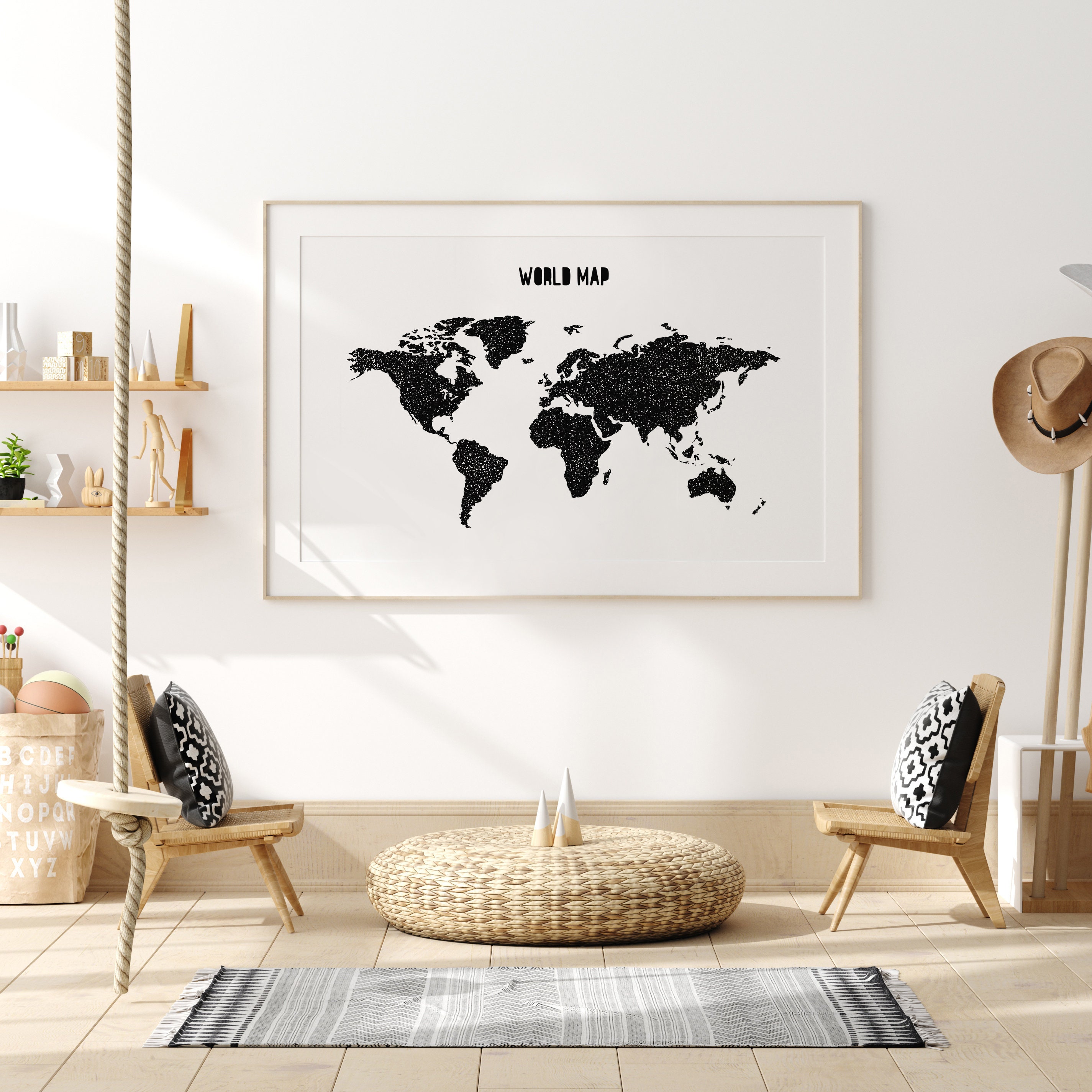 World Map Black and White Wall Art Minimalist World Map Montessori ...
