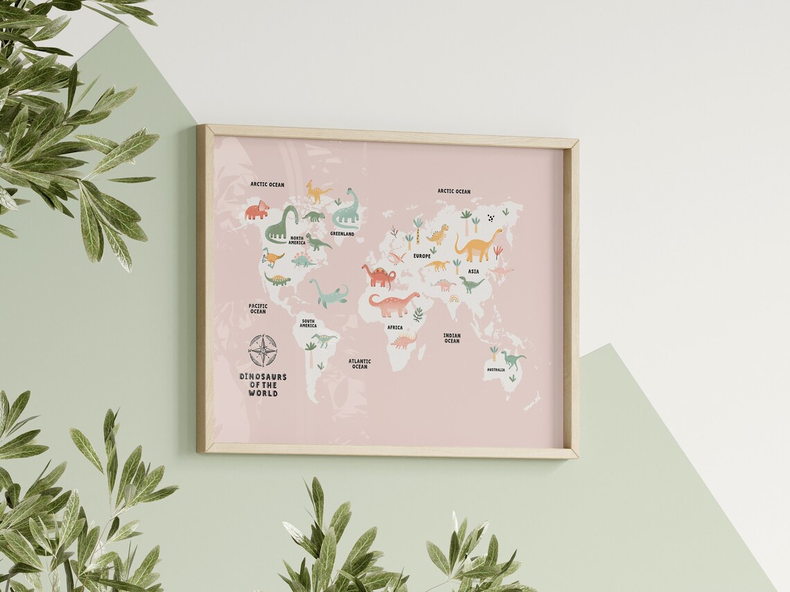 World Map Dinosaur Educational for Kids Room Pink World Map Montessori ...