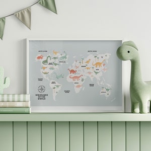 World Map Dinosaur Educational for Kids Room Blue Montessori Nursery ...