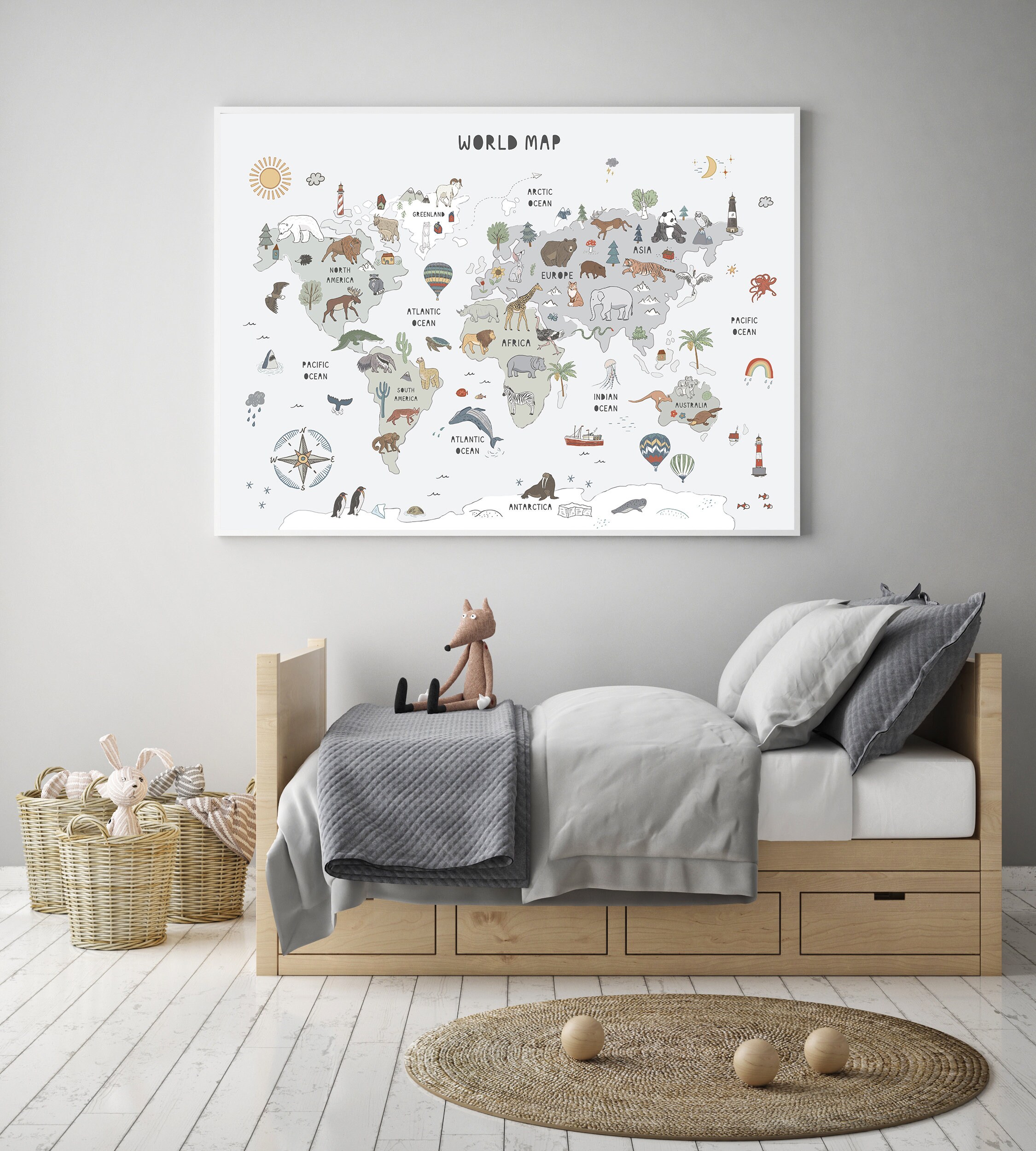 World Map Educational for Kids Room Animal World Map Montessori Nursery ...