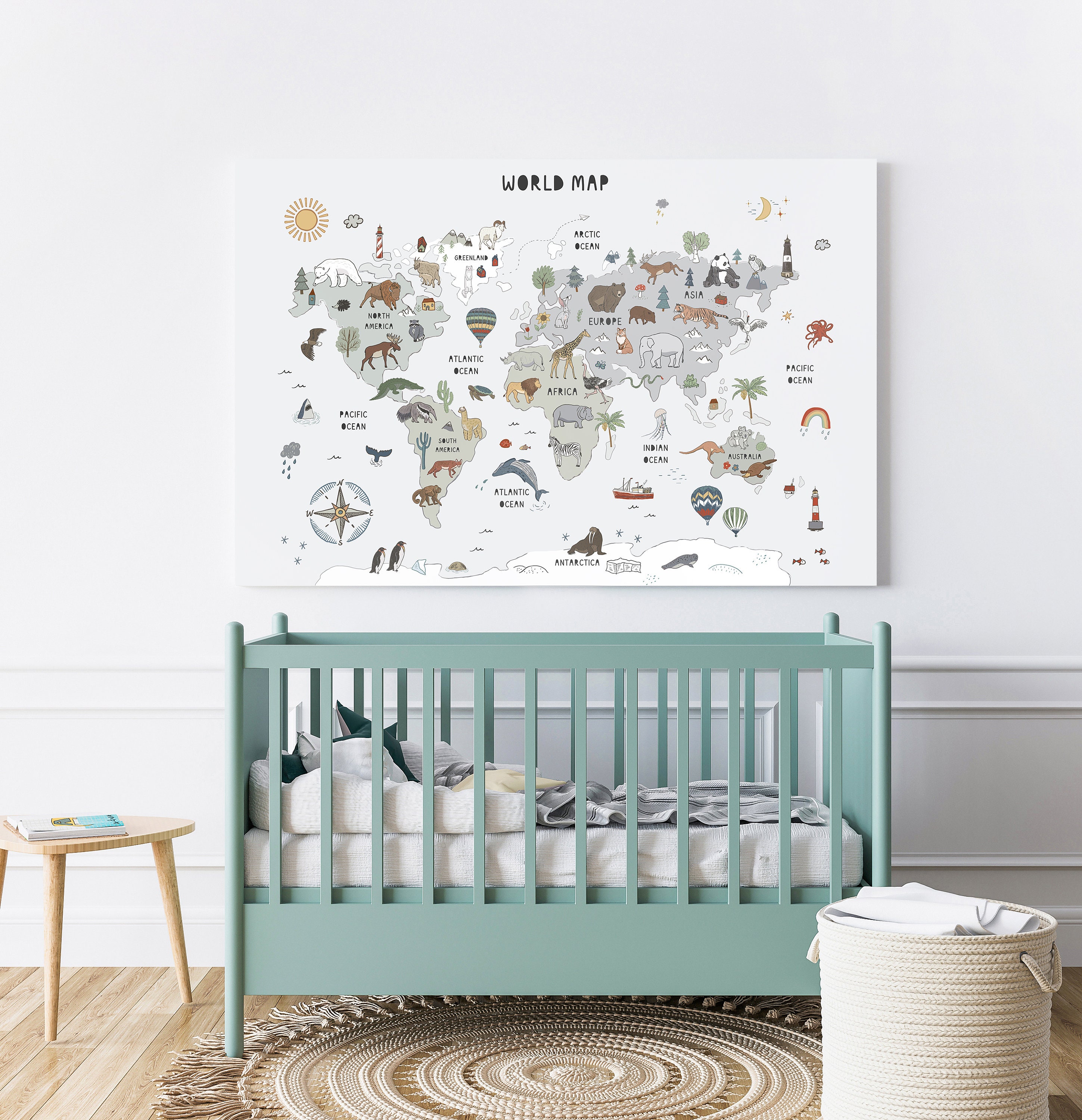 World Map Educational for Kids Room Animal World Map Montessori Nursery ...