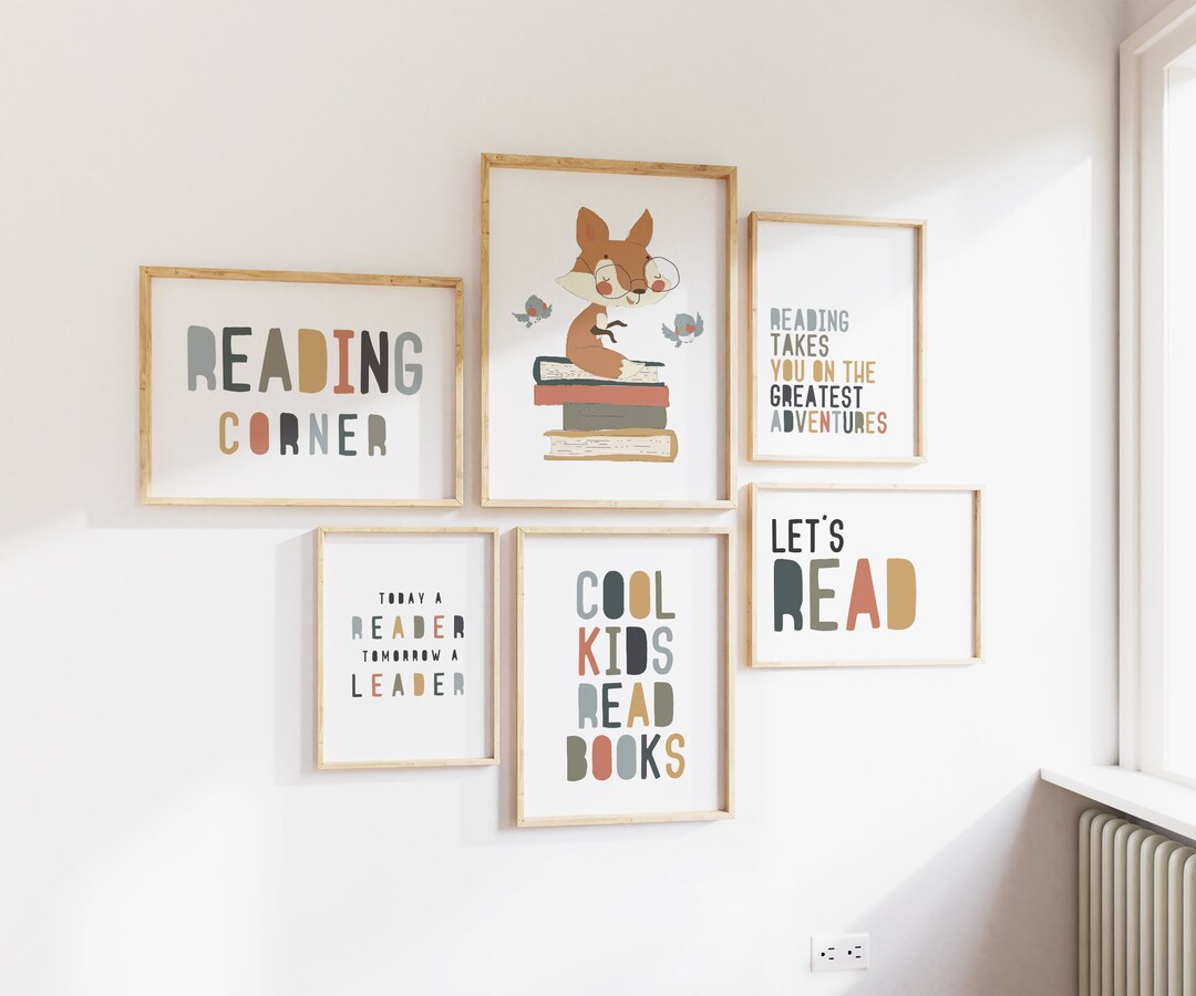 Reading Corner Set of 6 Kids Montessori Fox Reading Wall Art Decor Boho ...