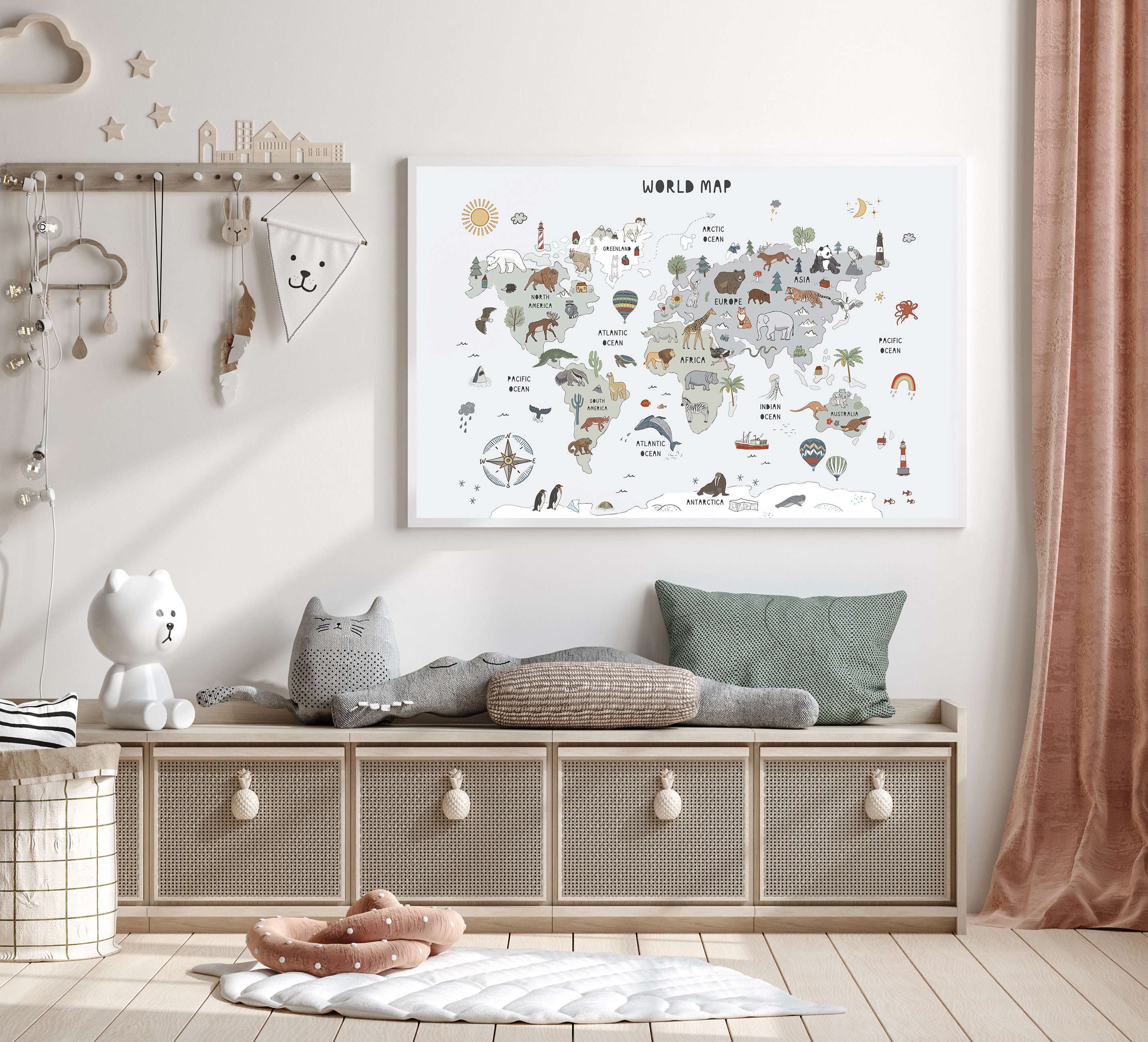 World Map Educational for Kids Room Animal World Map Montessori Nursery ...
