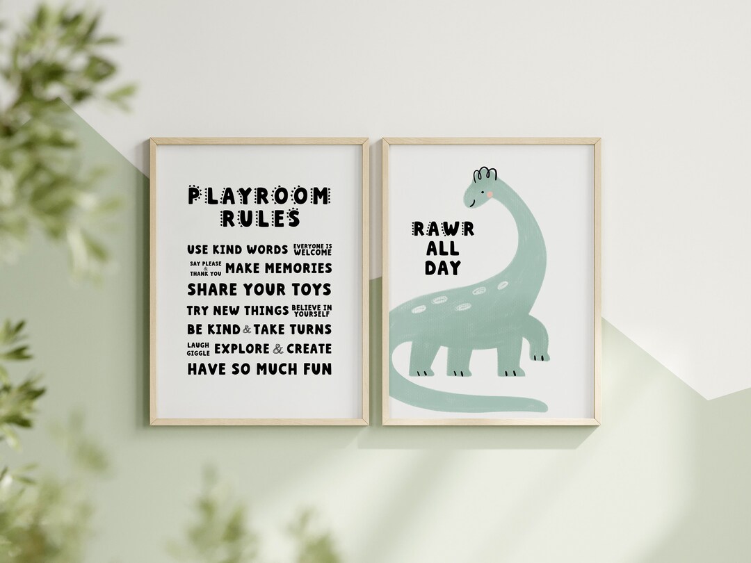 Dinosaurs Gallery Wall Art Set of 2 Playroom Rules Print for Kids ...