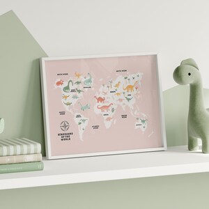 World Map Dinosaur Educational for Kids Room Pink World Map Montessori ...