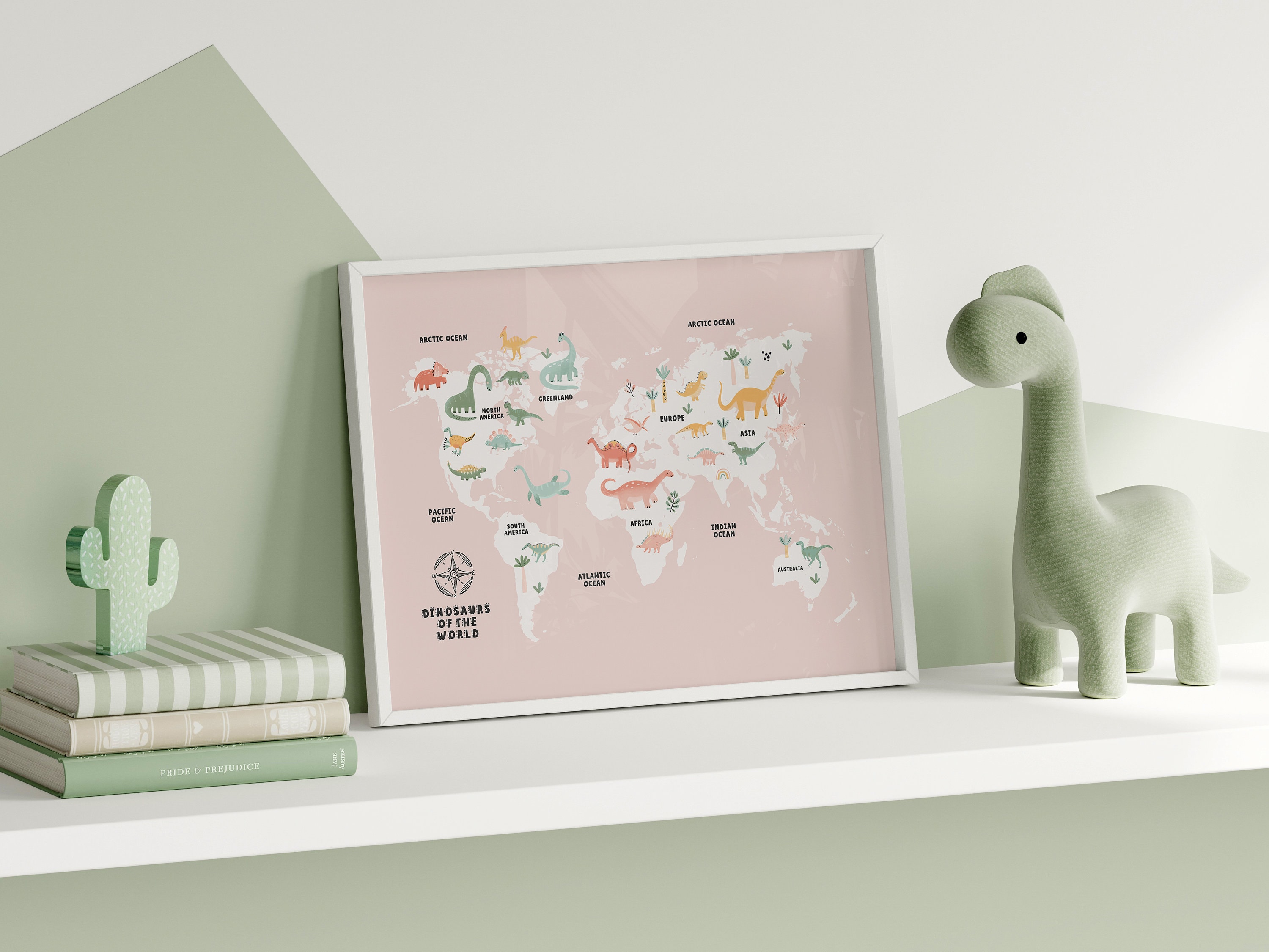 World Map Dinosaur Educational for Kids Room Pink World Map Montessori ...