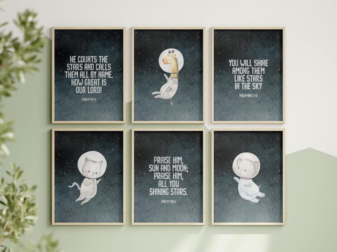Space Bible Verse Wall Art Set Astronaut Animals Dark Sky Theme ...