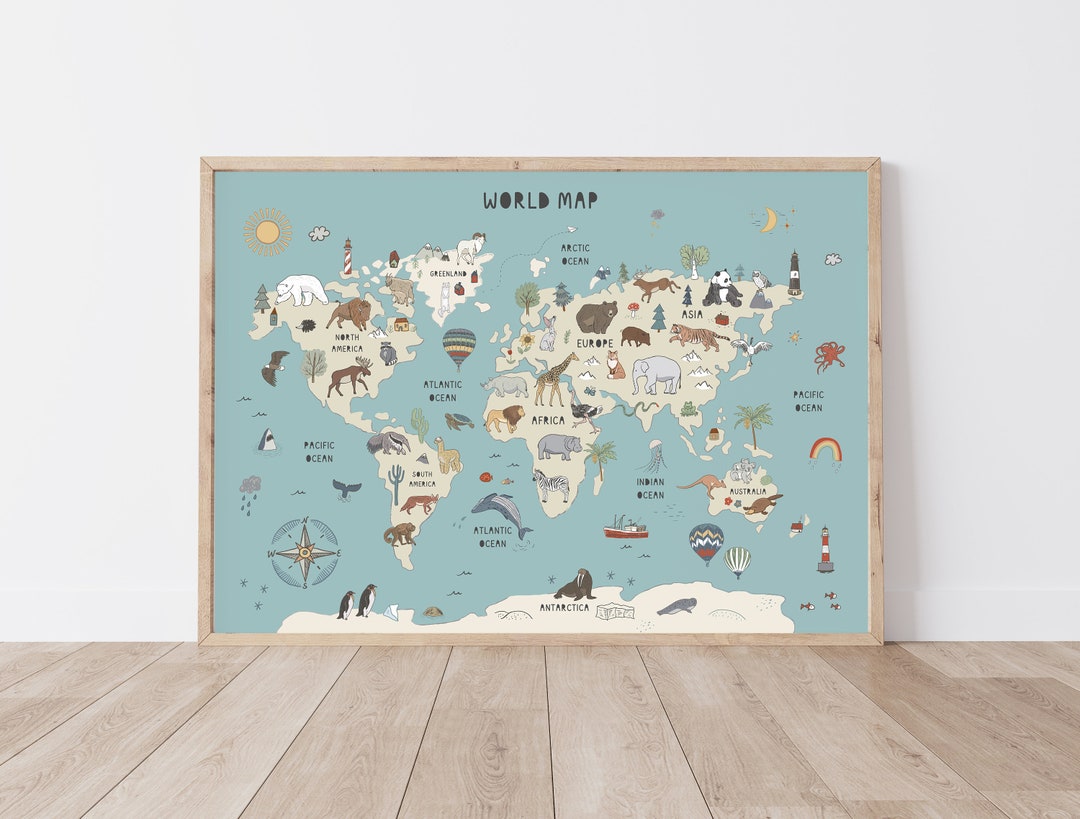 World Map Educational for Kids Room Animal Blue World Map Montessori ...