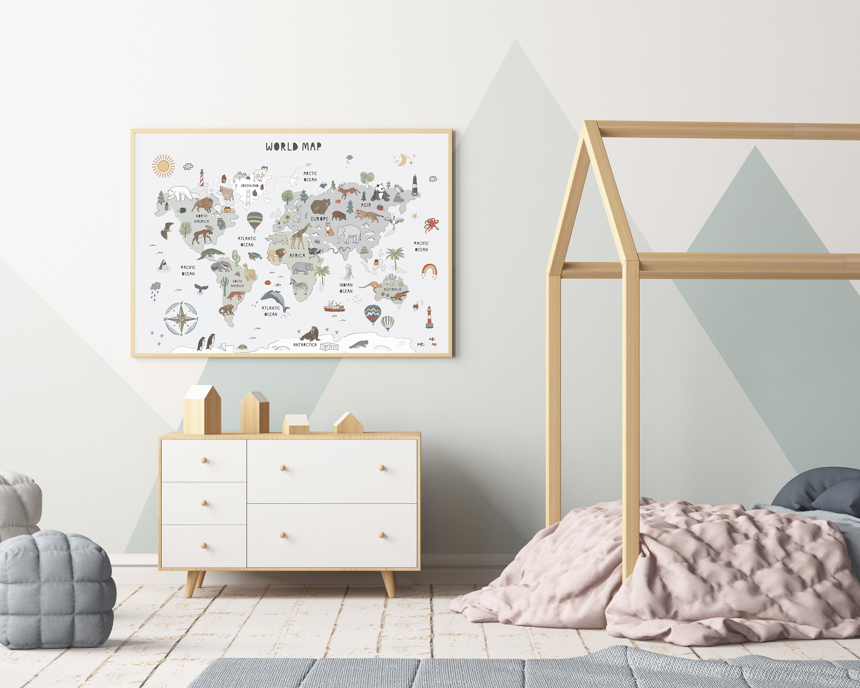 World Map Educational for Kids Room Animal World Map Montessori Nursery ...