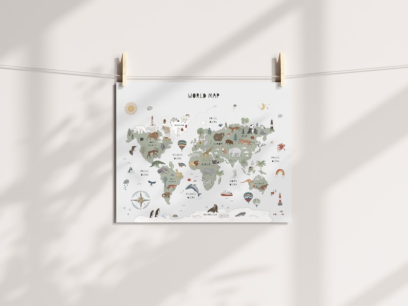 Animal World Map Educational Wall Poster for Kids Digital Download ...