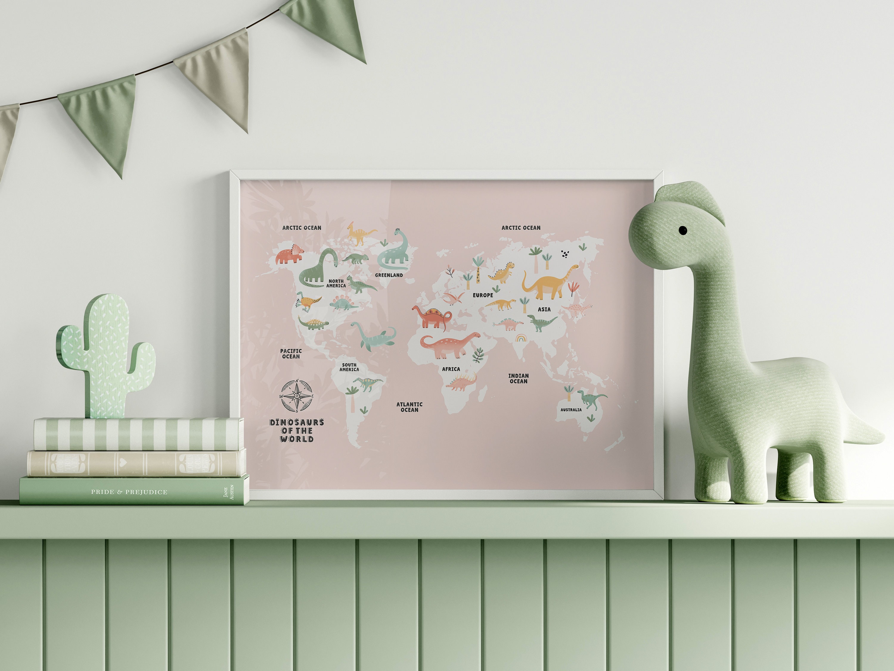 World Map Dinosaur Educational for Kids Room Pink World Map Montessori ...