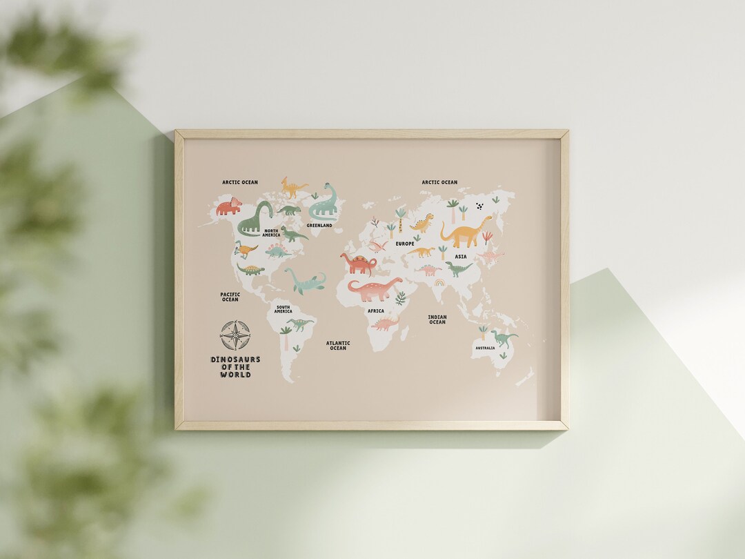 World Map Dinosaur Educational for Kids Room World Map Montessori ...