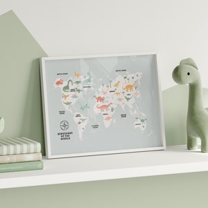 World Map Dinosaur Educational for Kids Room Blue Montessori Nursery ...