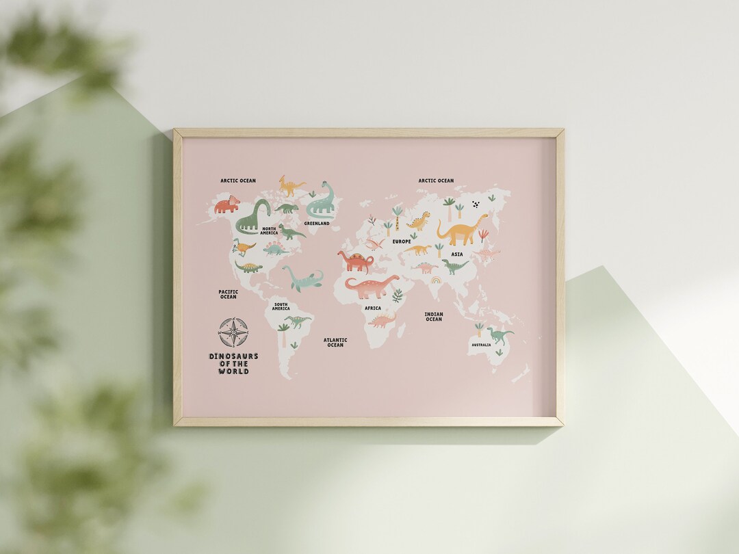 World Map Dinosaur Educational for Kids Room Pink World Map Montessori ...