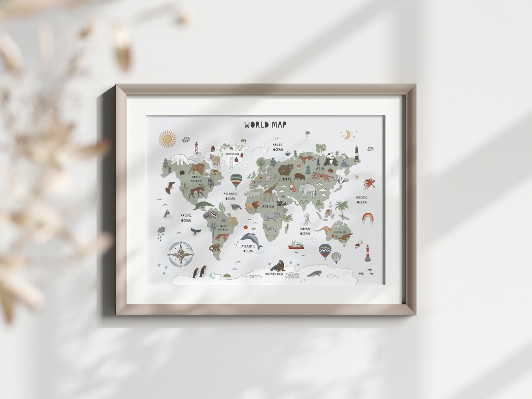 Animal World Map Educational Wall Poster for Kids Digital Download - Etsy