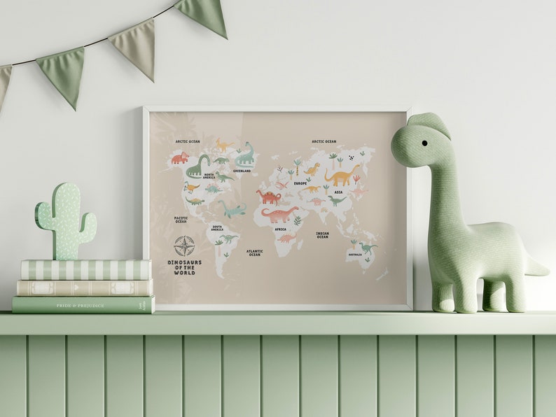World Map Dinosaur Educational for Kids Room World Map Montessori ...