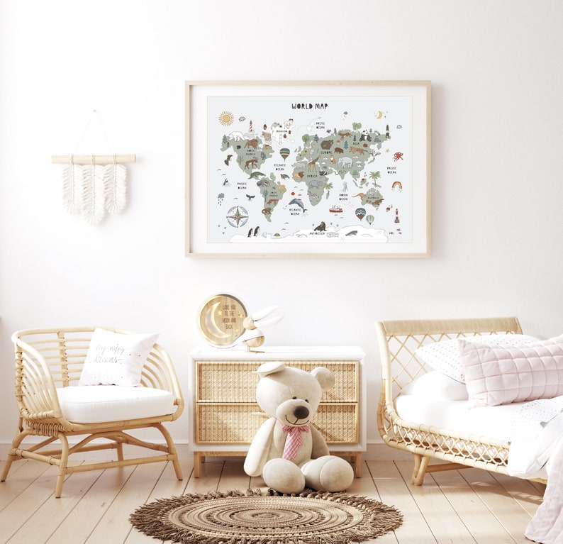 Animal World Map Educational Wall Poster for Kids Digital Download ...