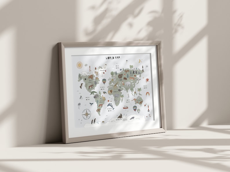 Animal World Map Educational Wall Poster for Kids Digital Download ...