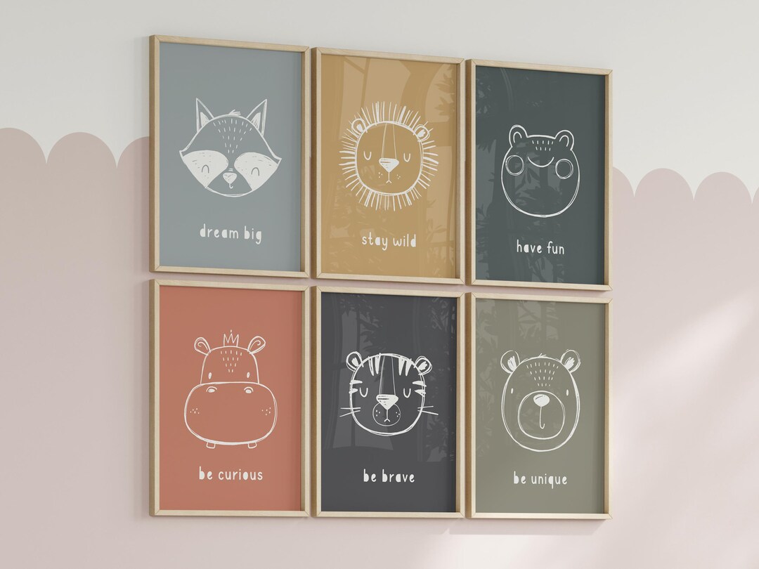 Safari Animal Affirmations Decor Set of 6 Jungle Playroom Wall Art ...