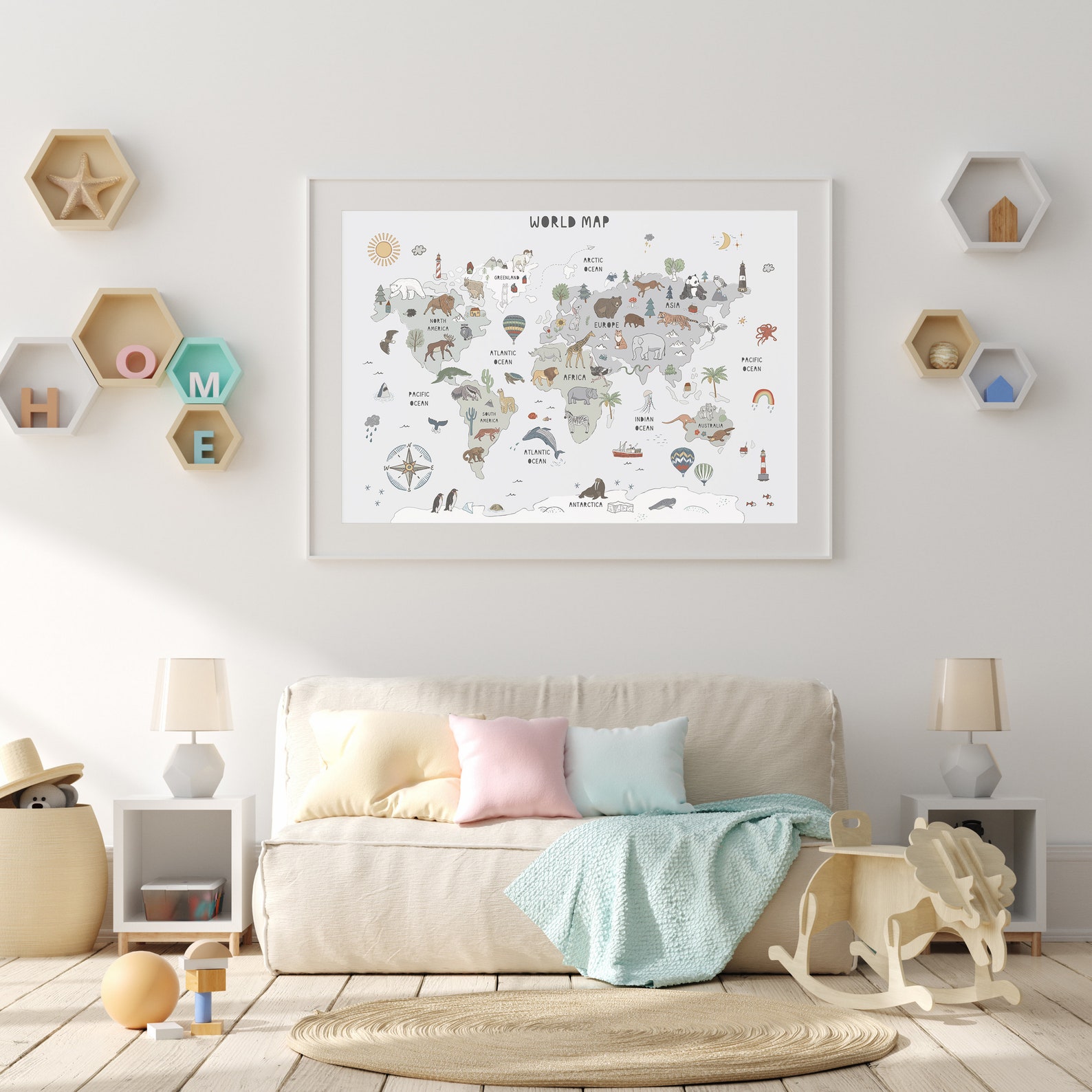 World Map Educational for Kids Room Animal World Map Montessori Nursery ...