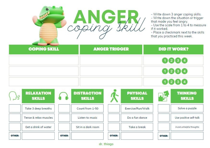Anger Coping Skill Worksheet Printable for Kids & Teens-child Therapy ...