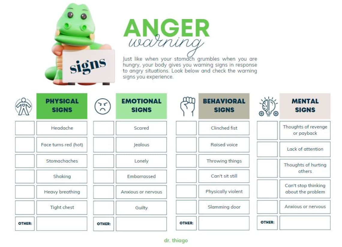 Anger Warning Signs Worksheet Printable for Kids & Teens-child Therapy ...