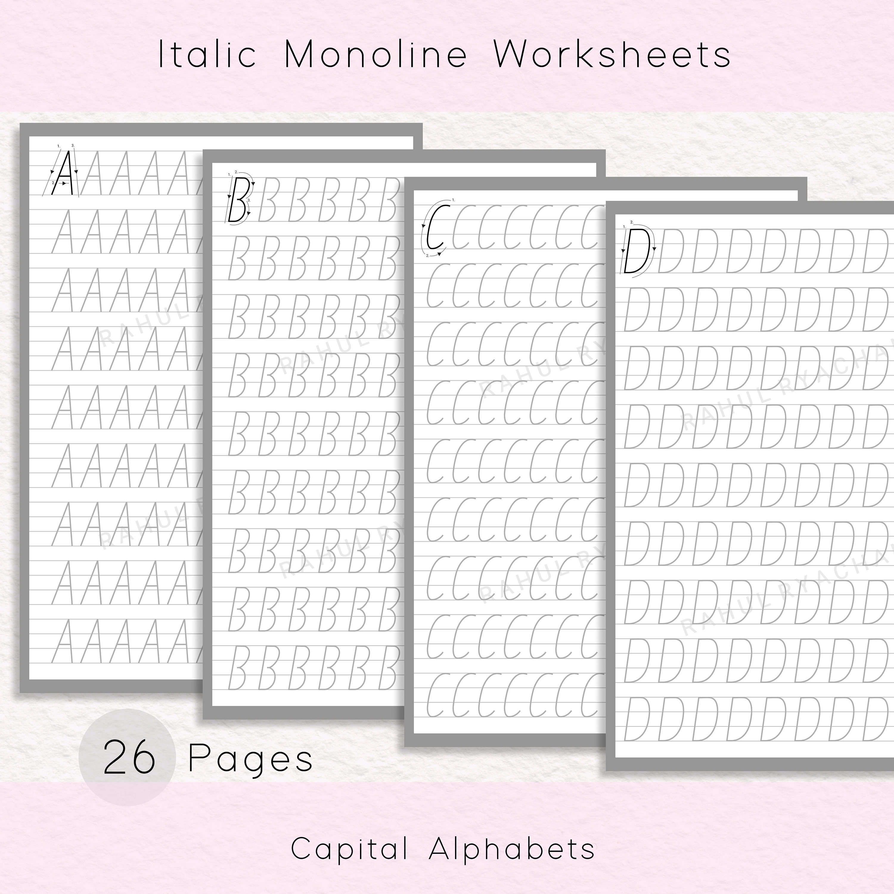 Italic Monoline Script Practice Sheets: A4 Calligraphy Tracing (digital ...