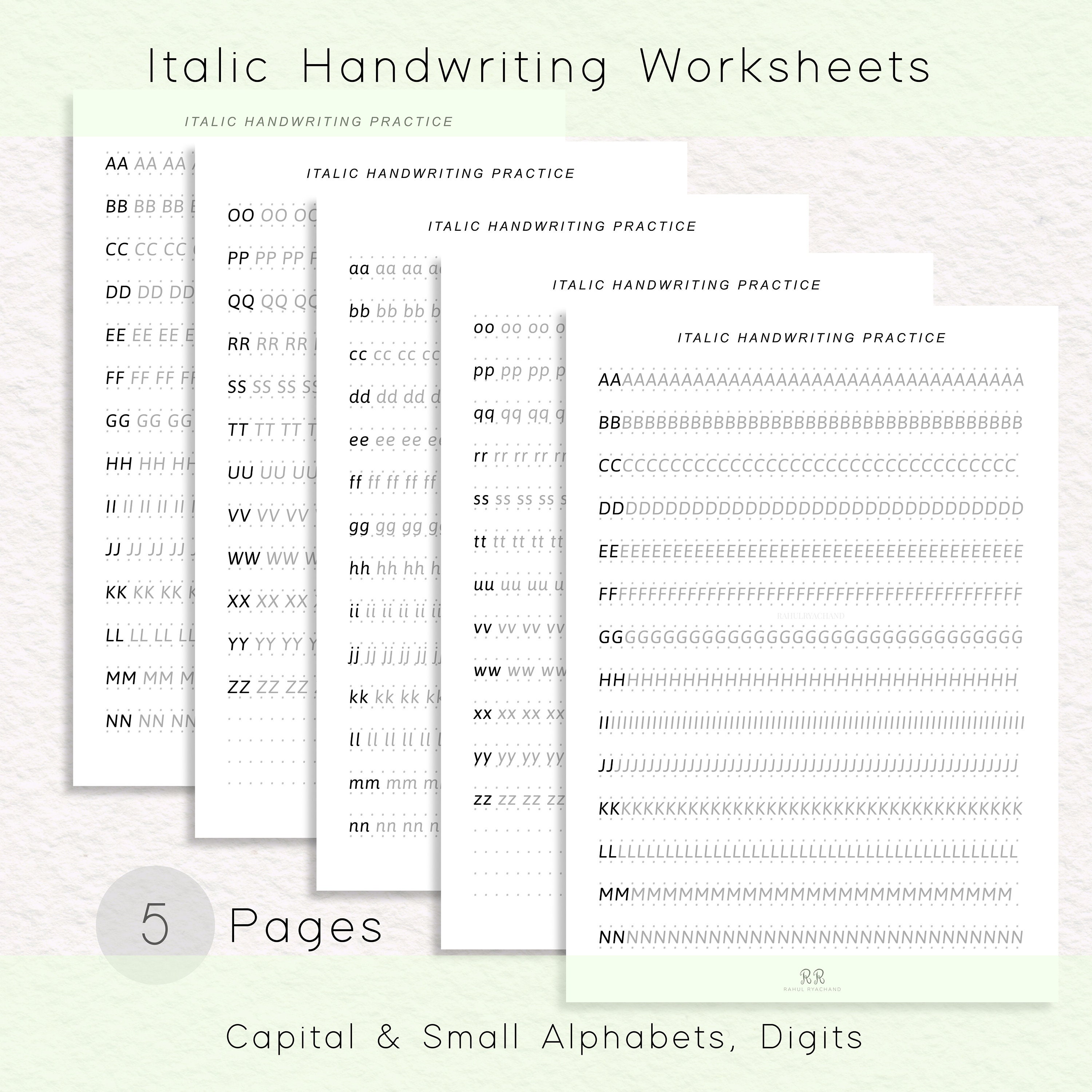 25 Pages, Italic Handwriting Worksheet, Practice ABC Tracing Sheets ...