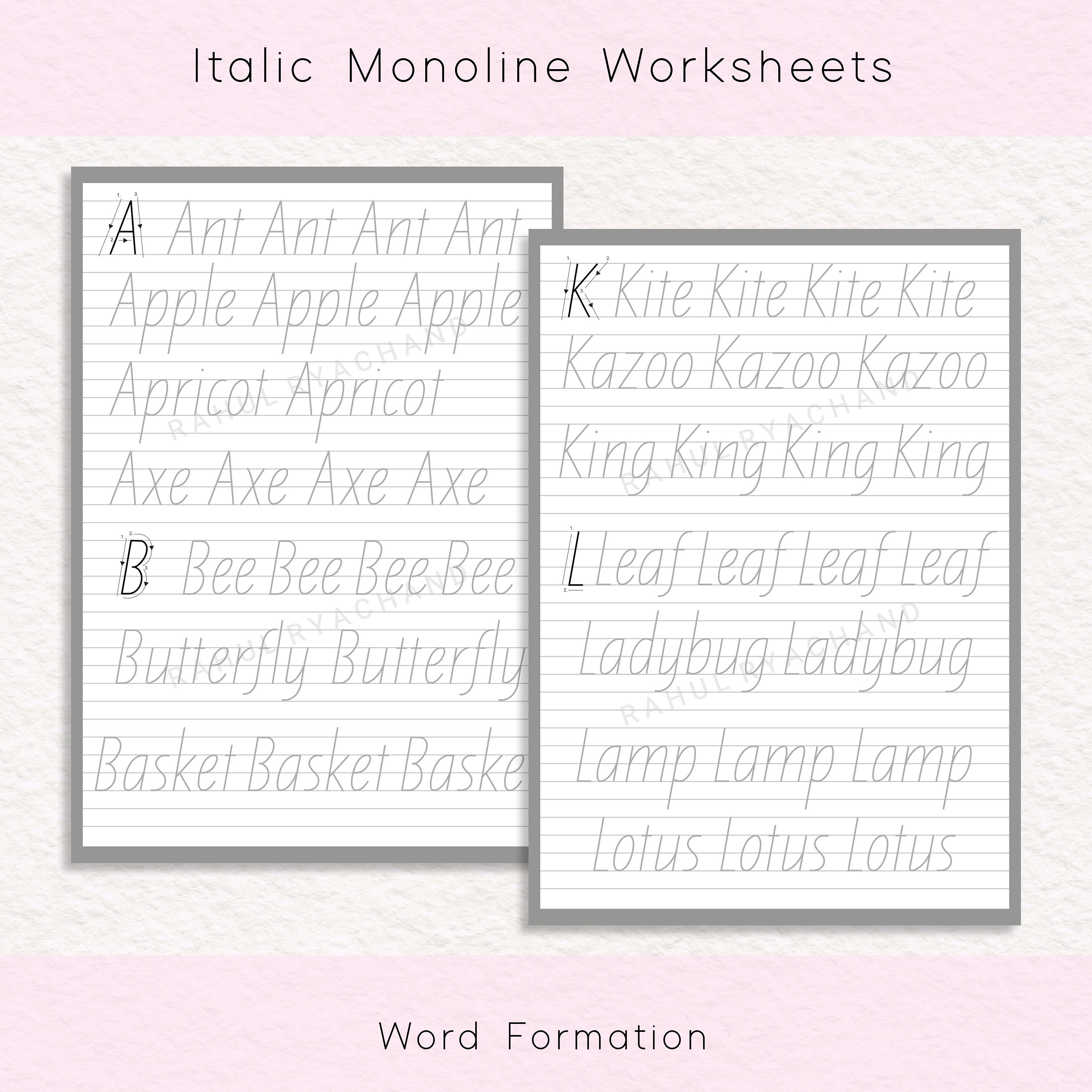 Italic Monoline Script Practice Sheets: A4 Calligraphy Tracing (digital ...