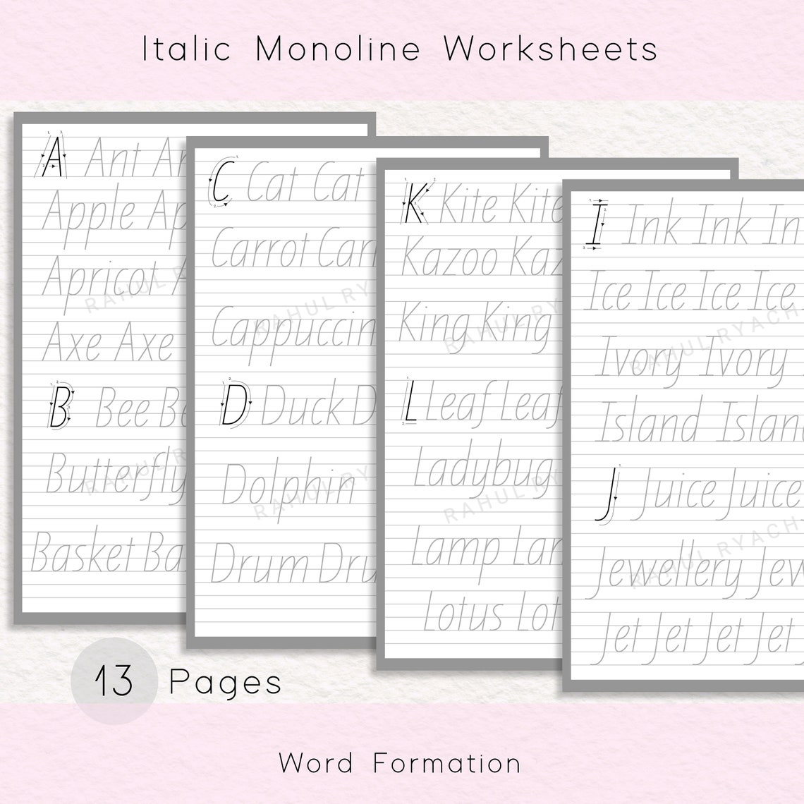 Italic Monoline Script Practice Sheets: A4 Calligraphy Tracing (digital ...