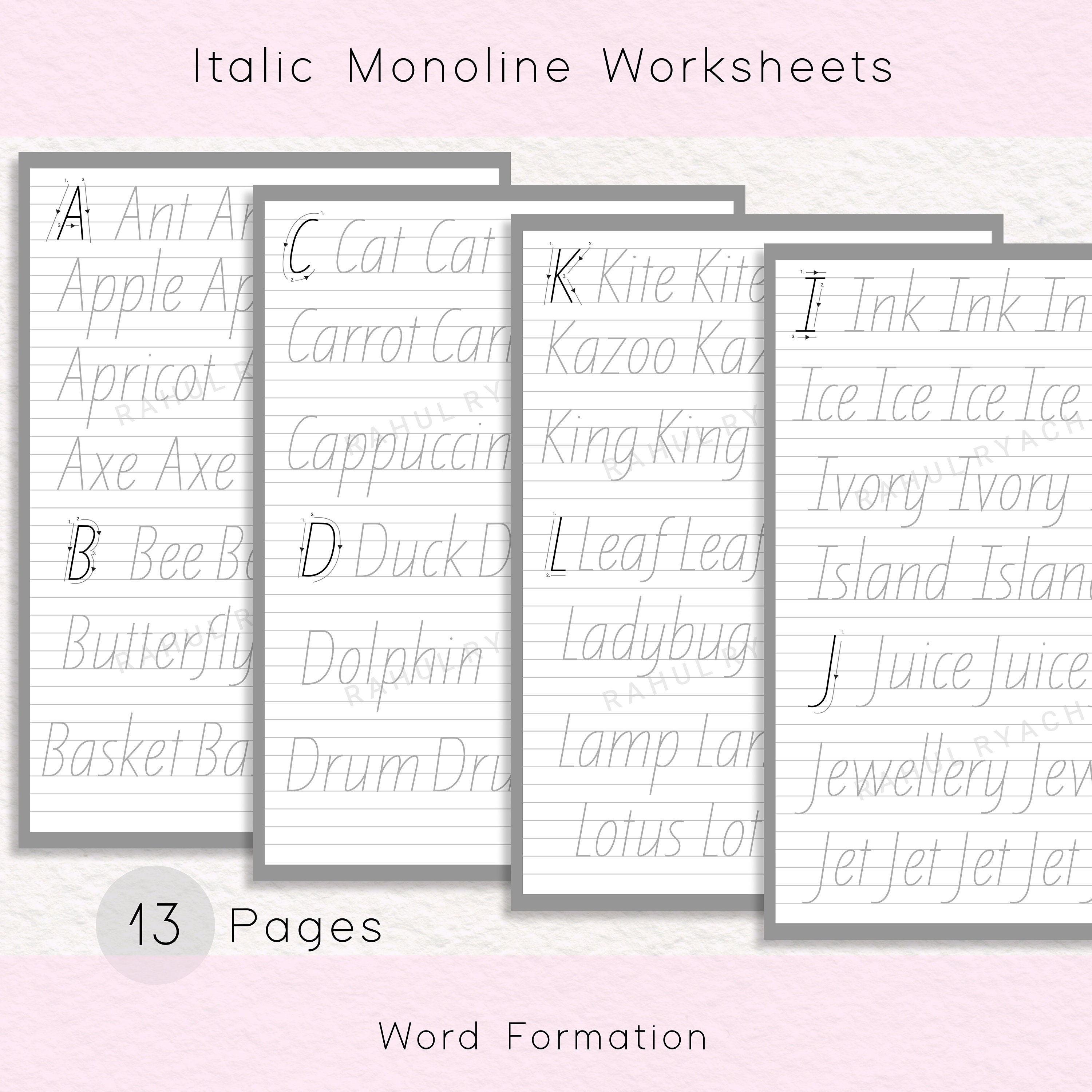 Font Practice Sheet Handlettering, A4 Italic Monoline Script ...
