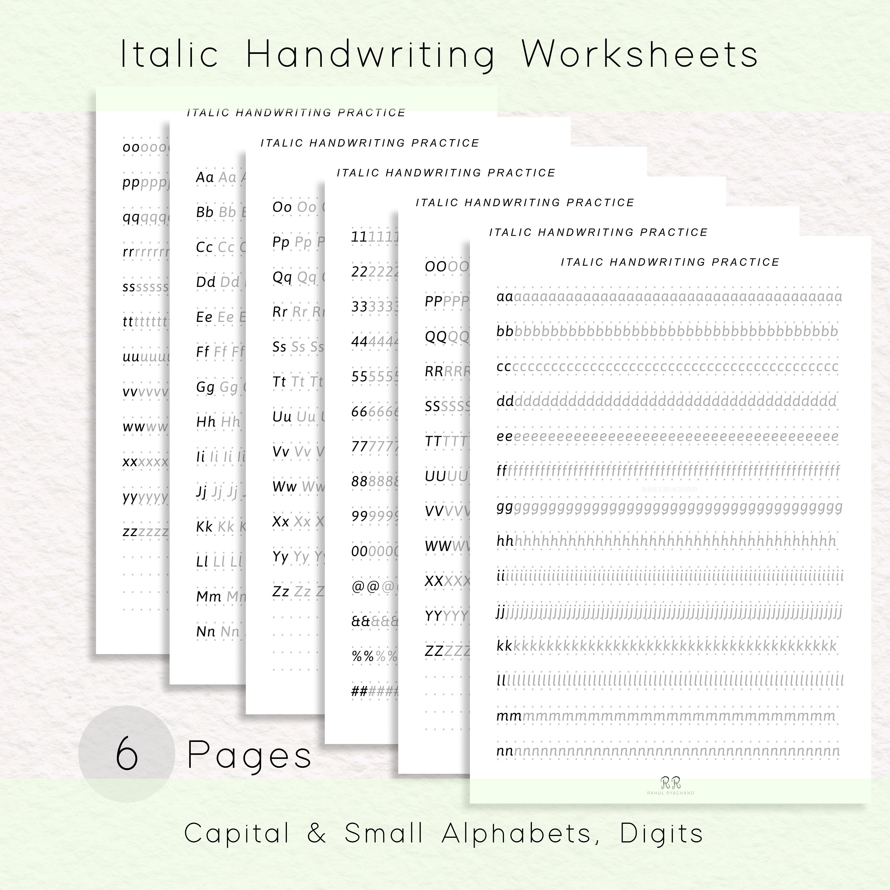 25 Pages, Italic Handwriting Worksheet, Practice ABC Tracing Sheets ...