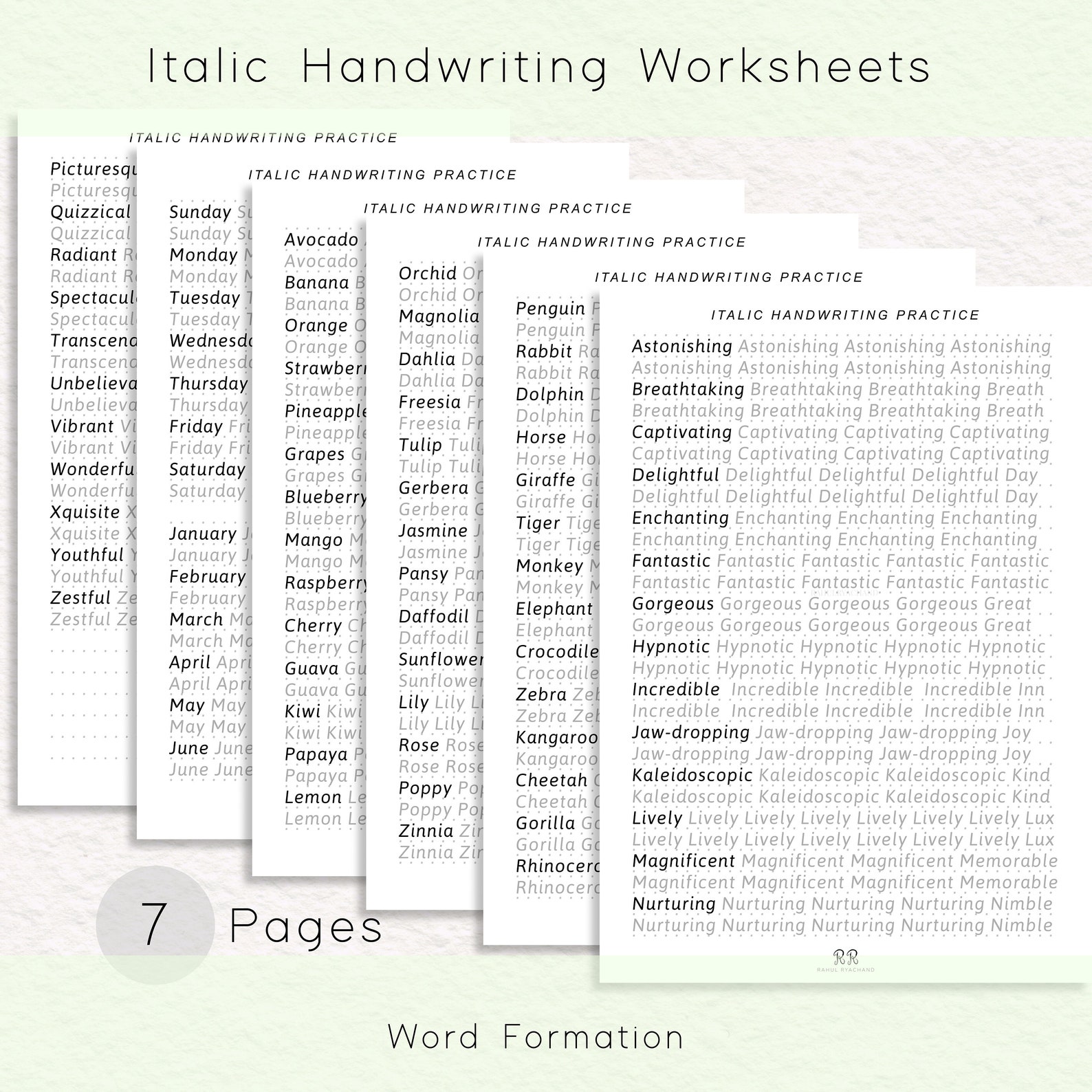 Italic Handwriting Workbook, 25 Pages Practice Sheets, Printable Italic ...