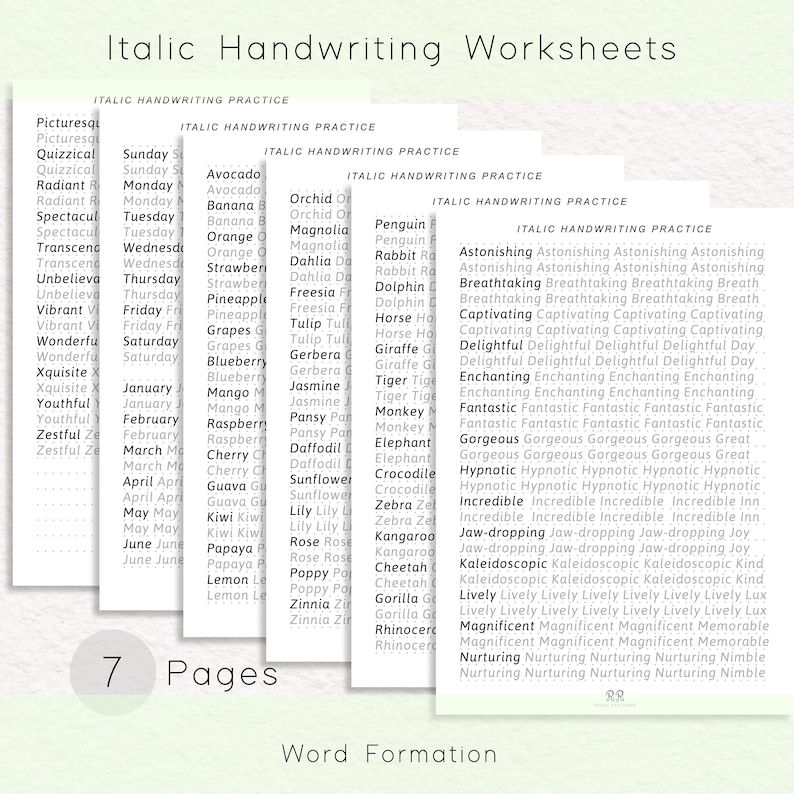 Italic Handwriting Workbook, 25 Pages Practice Sheets, Printable Italic ...
