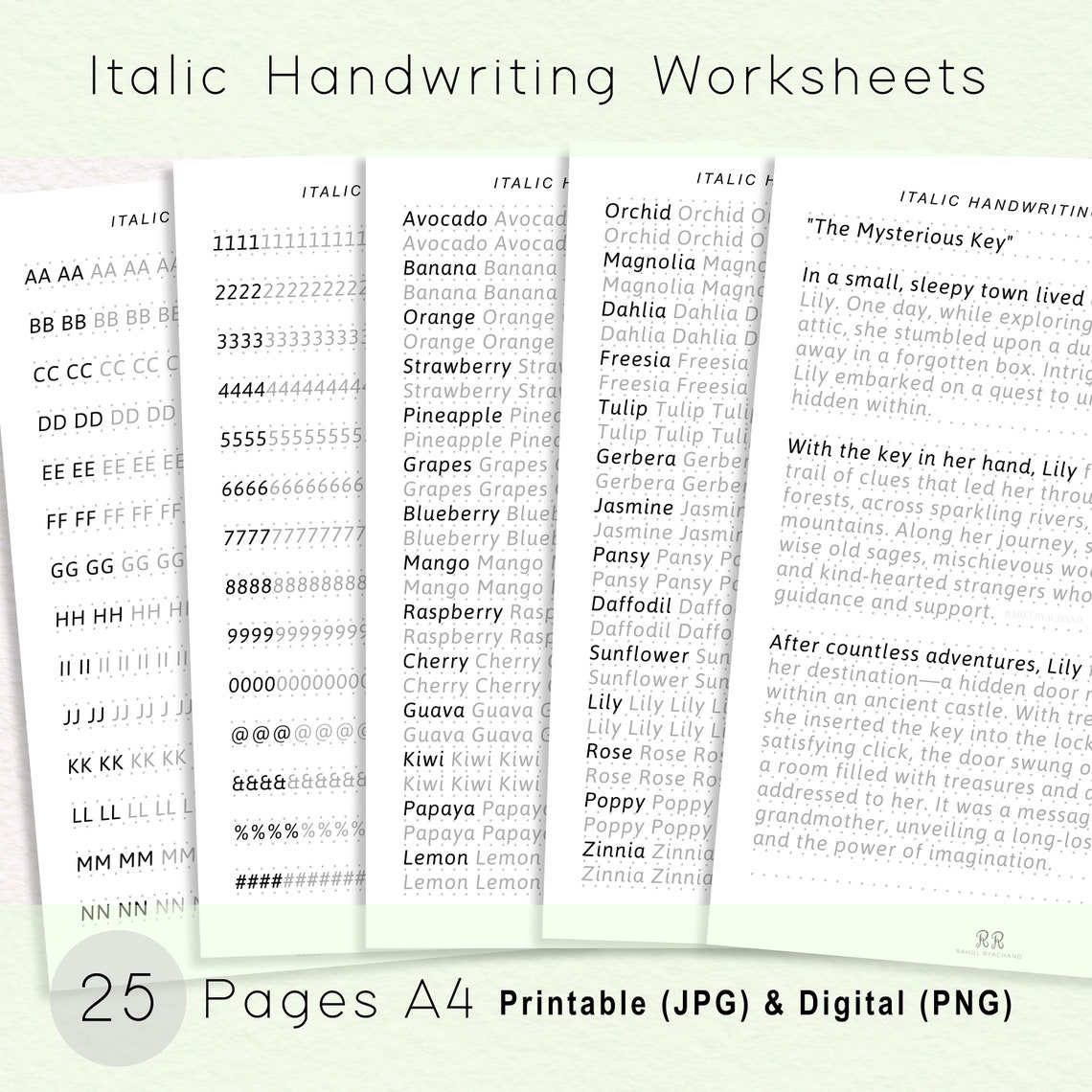 Italic Handwriting Workbook, 25 Pages Practice Sheets, Printable Italic ...
