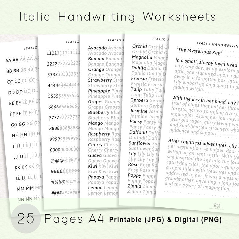 25 Pages, Italic Handwriting Worksheet, Practice ABC Tracing Sheets ...