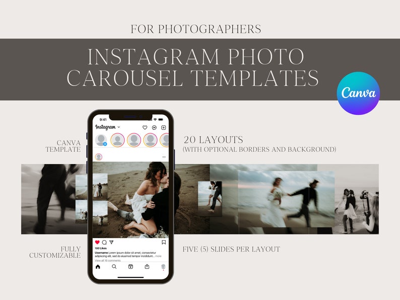 Instagram 5-slide Seamless Carousel Canva Template for Photographers ...