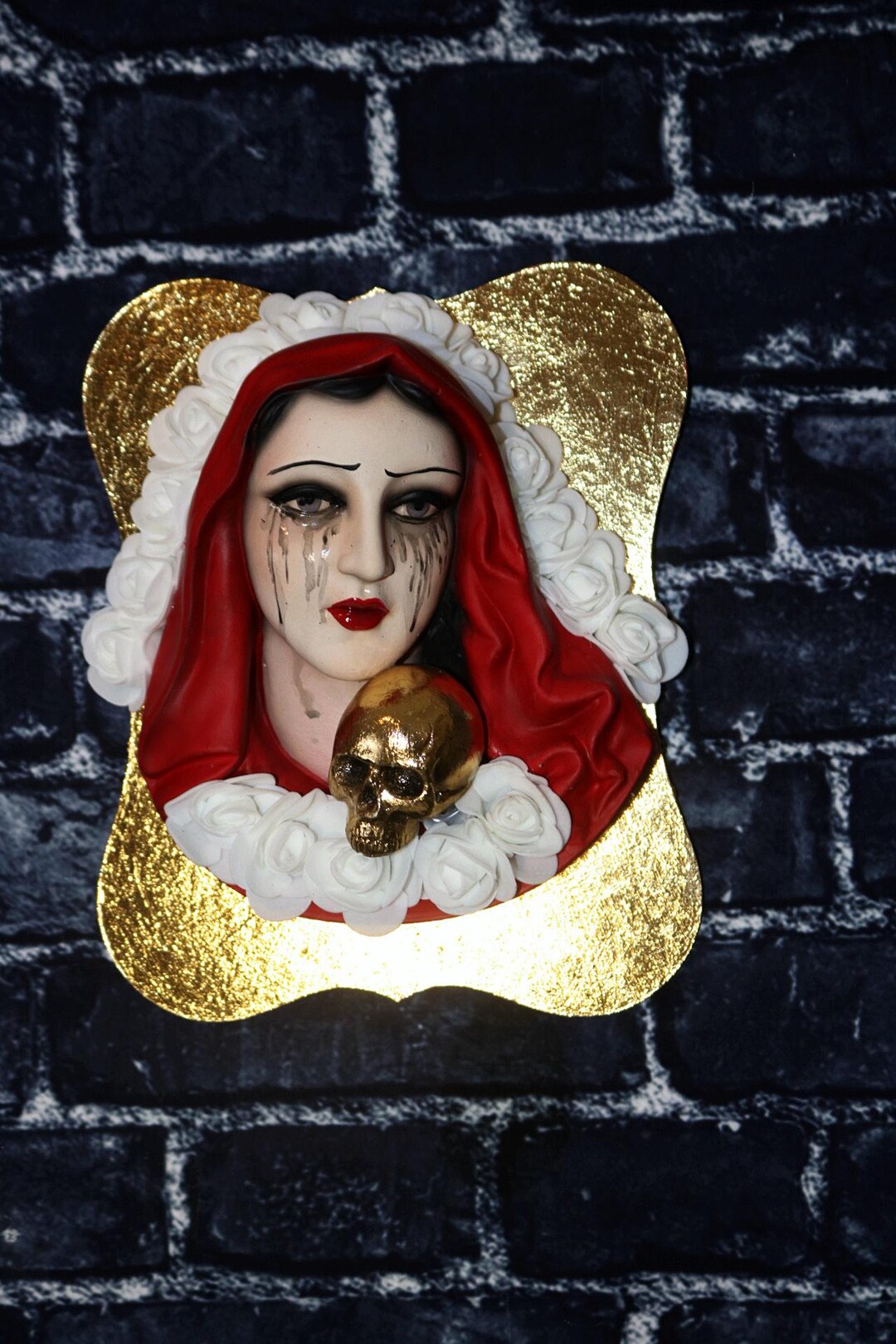 Gothic Weeping Madonna Wall Art –gold Leaf Halo, Skull & White Roses - Etsy