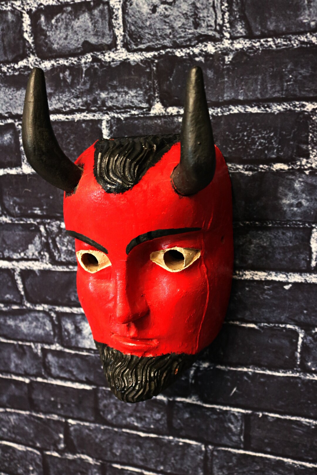 Hand Carved Wood Devil Mask With Horns - Etsy