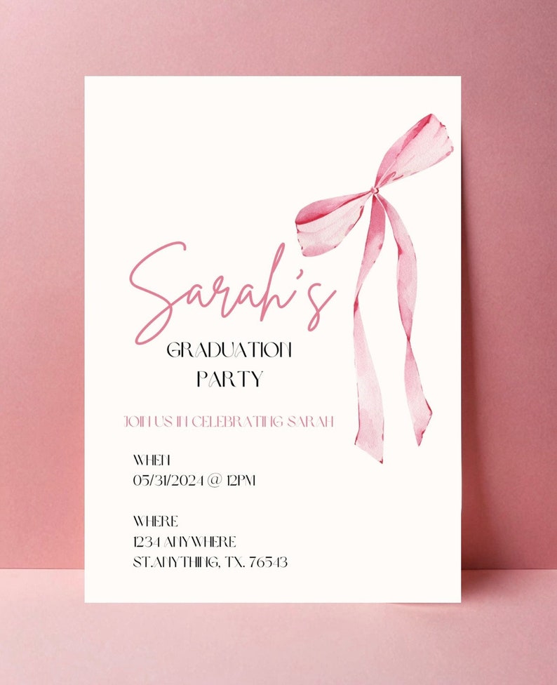 Pink Bow Graduation Invitation (editable) - Etsy