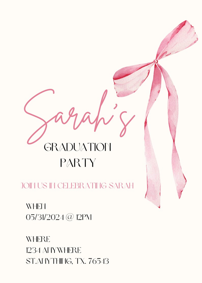 Pink Bow Graduation Invitation (editable) - Etsy
