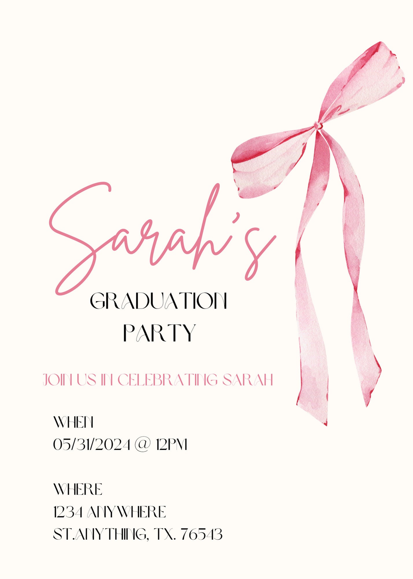 Pink Bow Graduation Invitation (editable) - Etsy