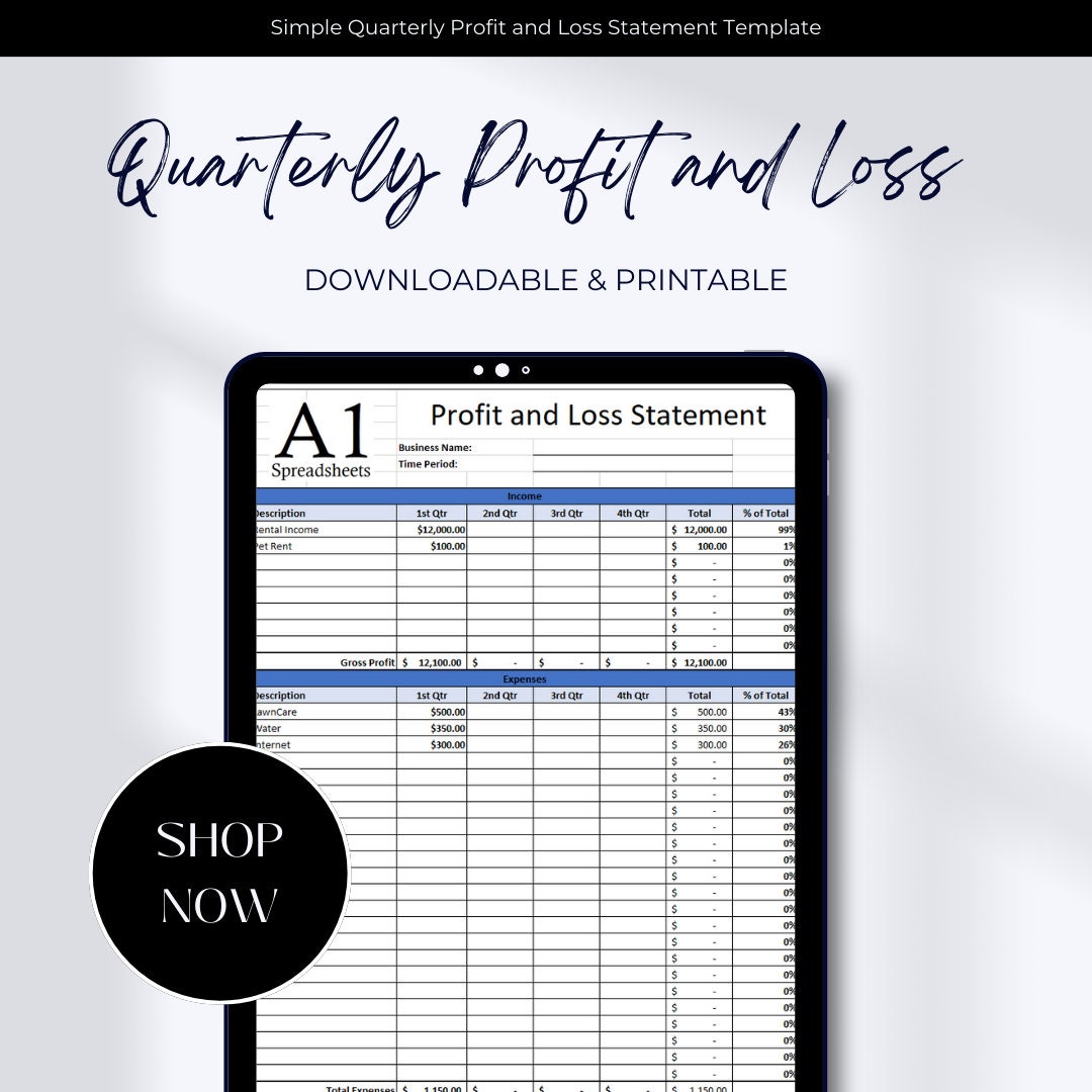 Simple Quarterly Profit and Loss Statement Excel Template - Etsy